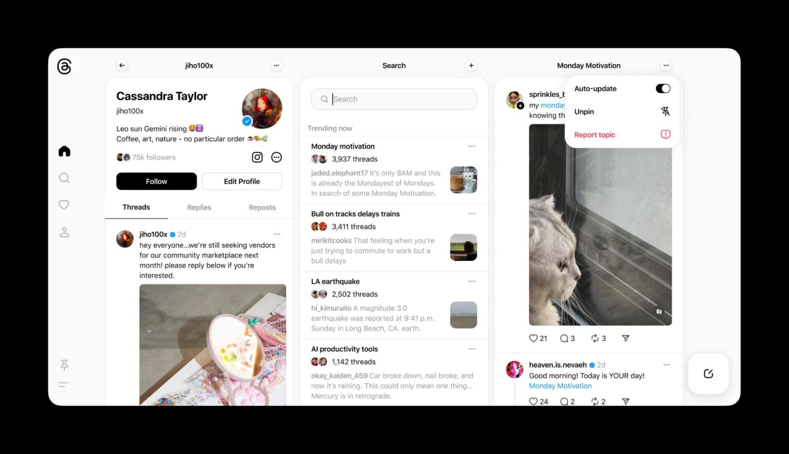 【Threads】刷新されたウェブ版レイアウトが試験導入、情報ごとに別々のカラムに表示 | t011.org